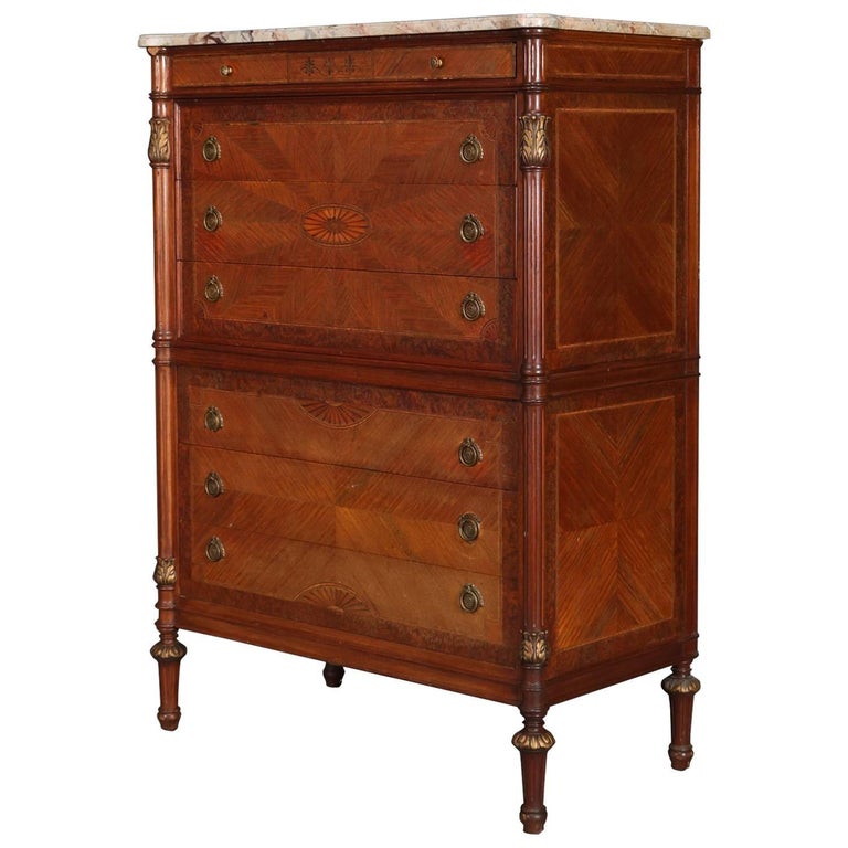 Antique French Louis VXI Mahogany and Burl Inlaid Marble Top High Chest ...