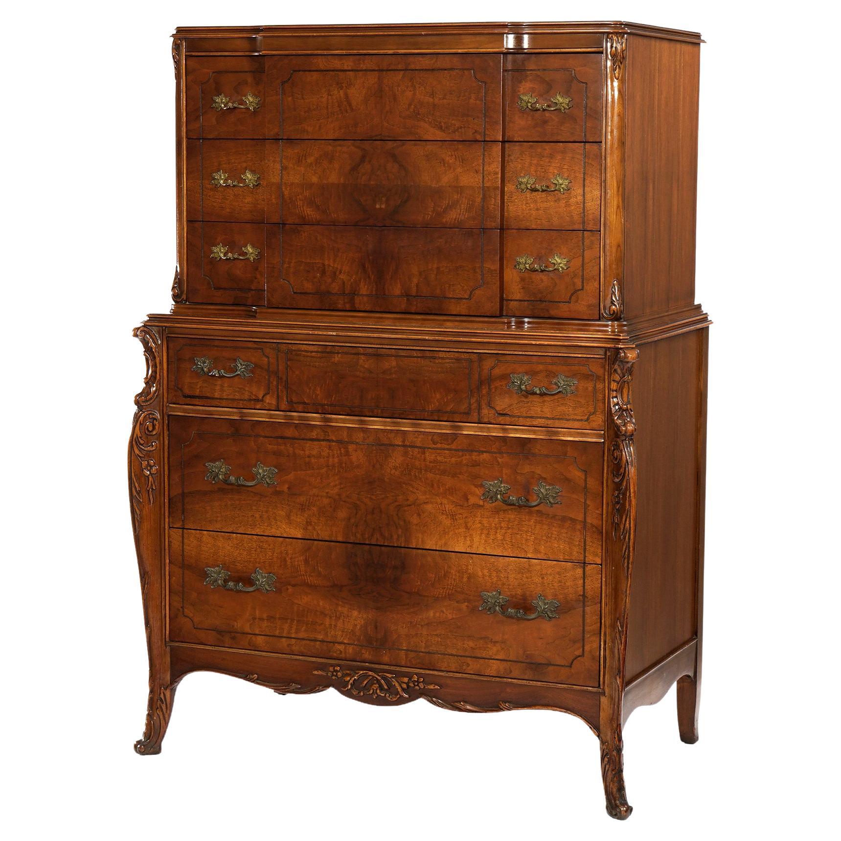 Antique French Louis XV Style Carved Flame Mahogany High Chest, c1930 ...