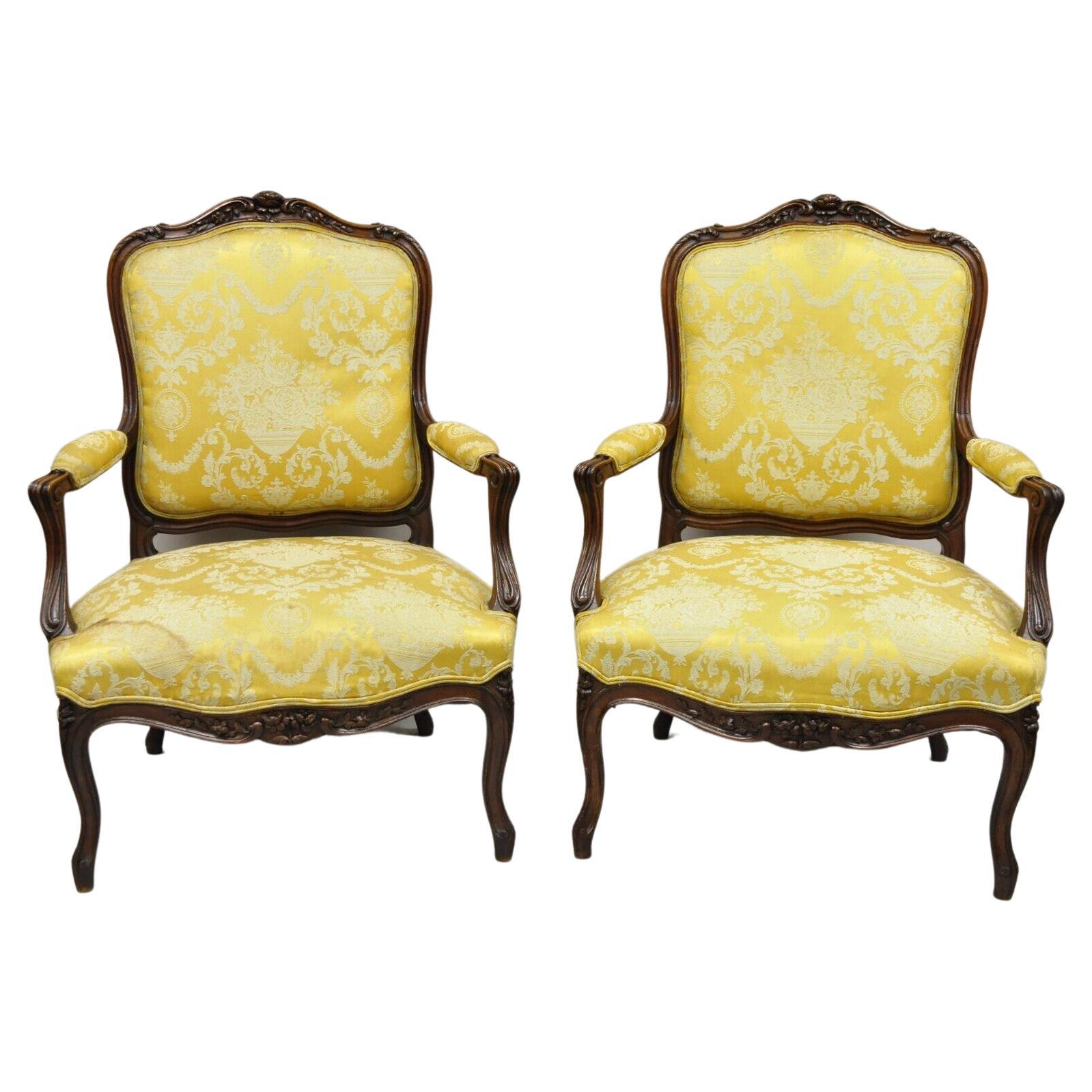 Vintage French Country Louis Xv Style Carved Walnut Wing Back Chair And