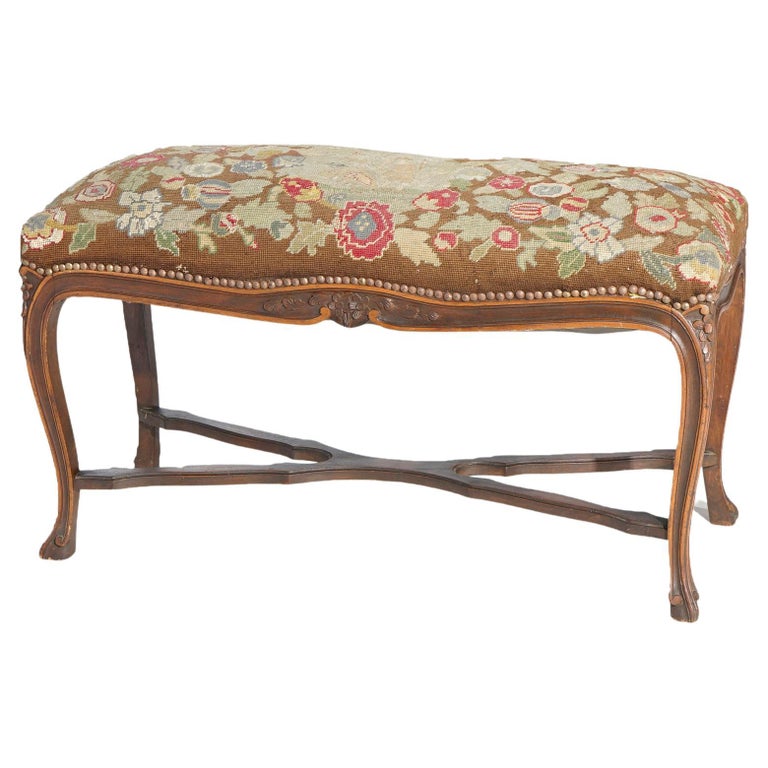 Antique French Louis XV Style Carved Walnut and Tapestry Long Bench ...