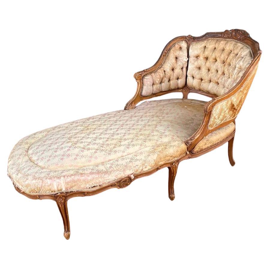 Antique French Louis XV Style Chaise Lounge with Brocade Upholstery at ...