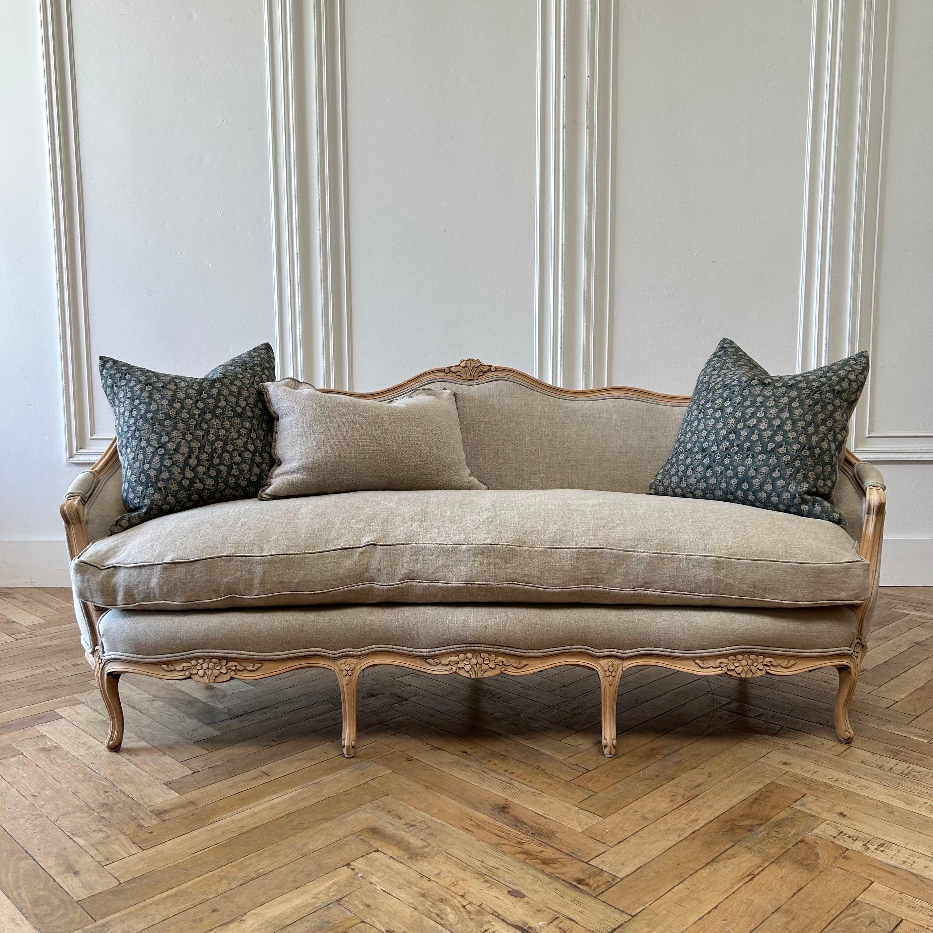 Antique French Louis XV Style Sofa in Bleached Oak and Irish Linen ...