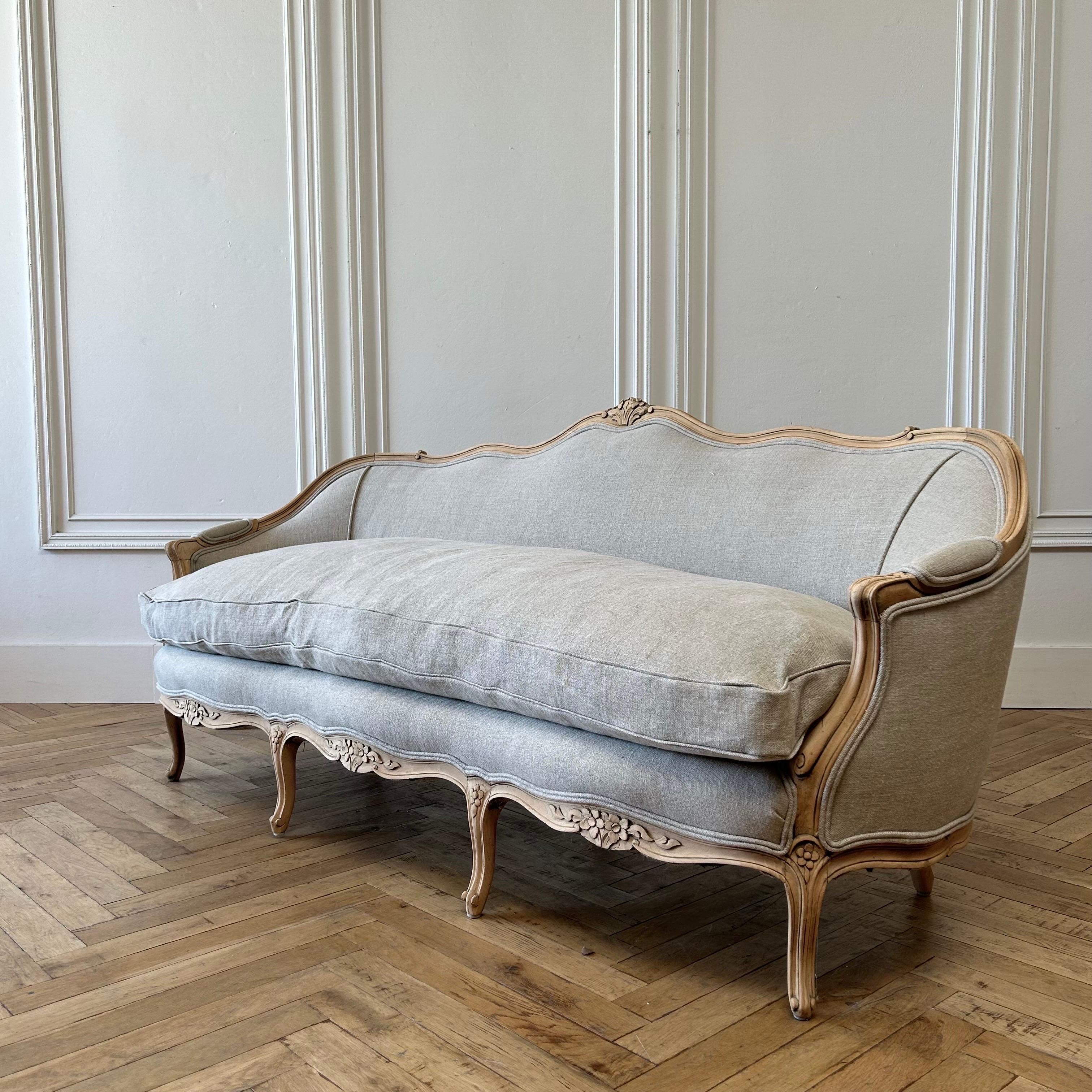 Antique French Louis XV Style Sofa in Bleached Oak and Irish Linen ...