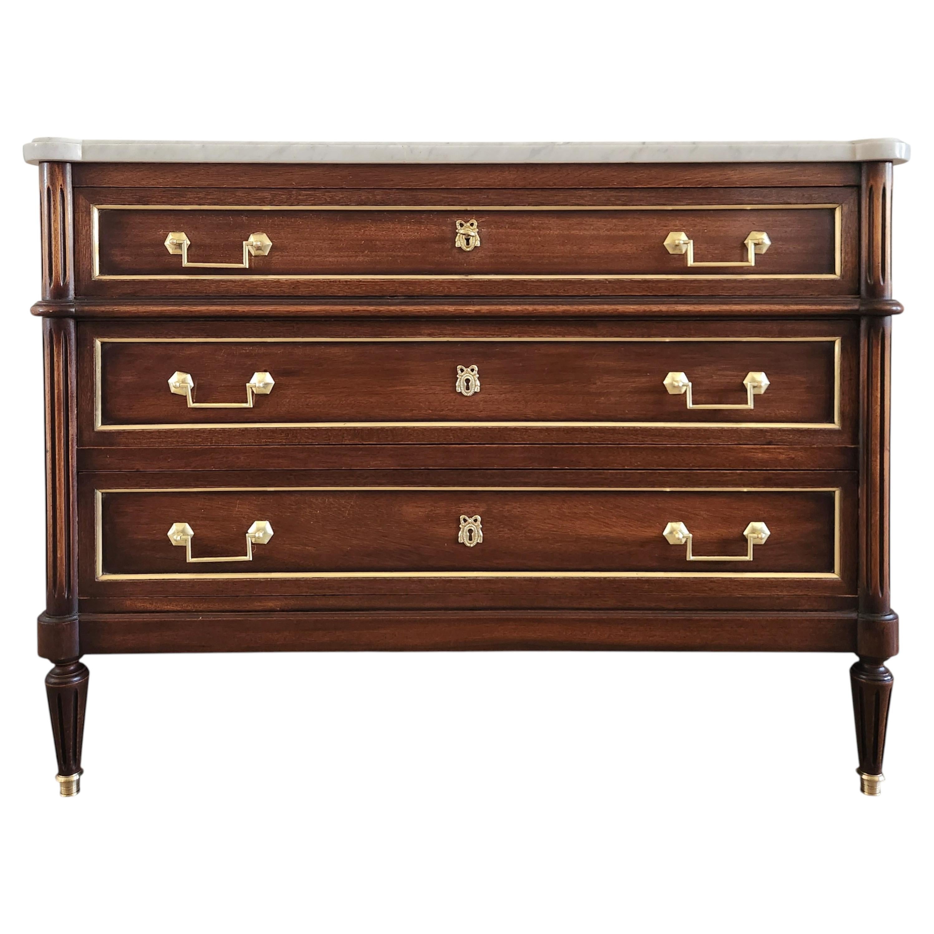 French Louis XVI Mahogany Commode / Chest Bronze Accent with Marble Top ...