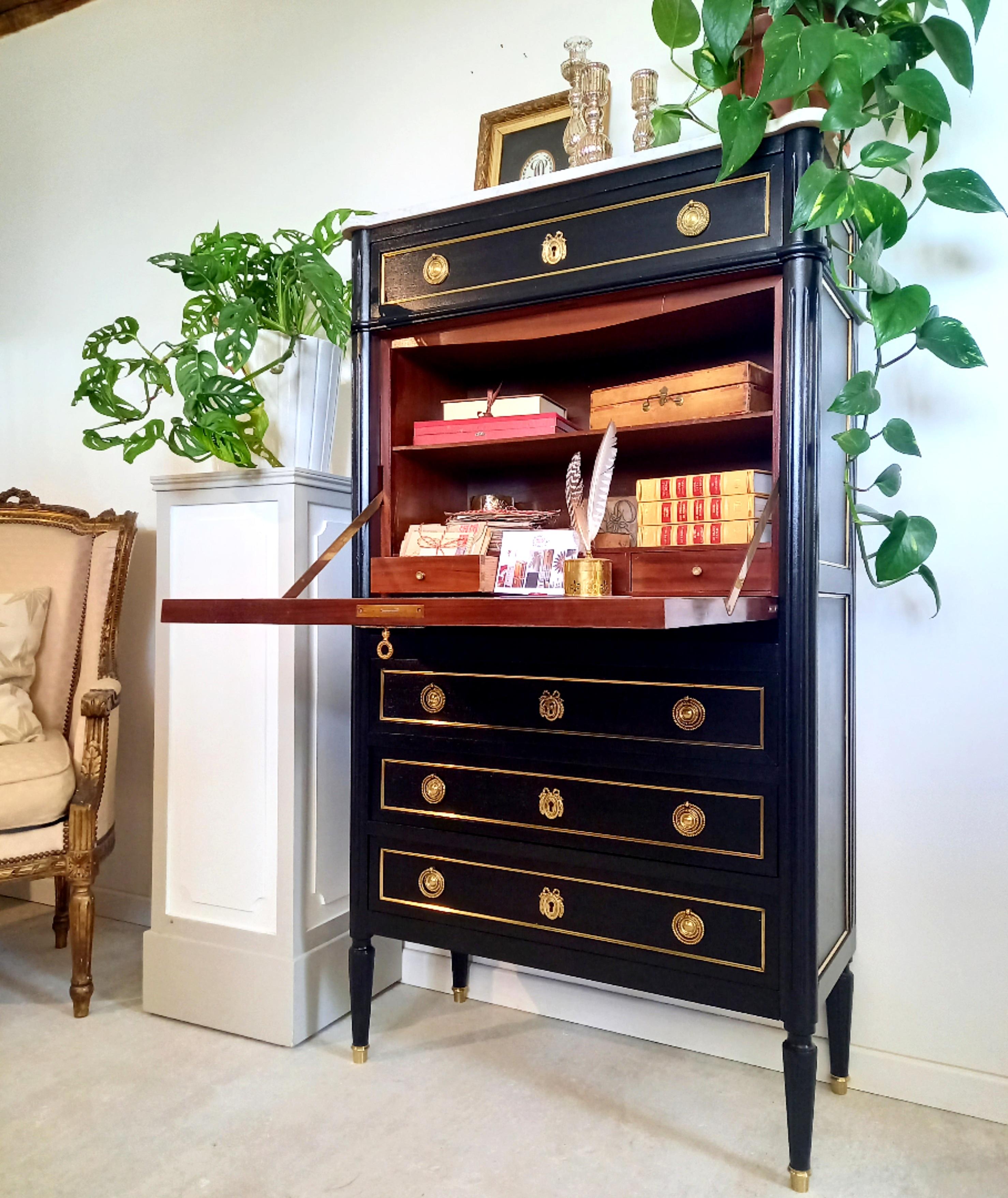 Antique French Louis XVI Secretary Desk Chest Mahogany, Carrara Marble ...