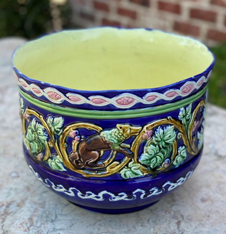 Antique French Majolica Planter Cache Pot Jardiniere Vase Bowl Blue ...