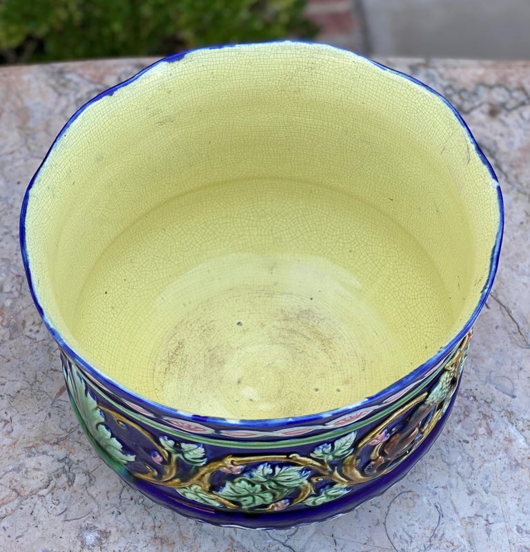 Antique French Majolica Planter Cache Pot Jardiniere Vase Bowl Blue ...