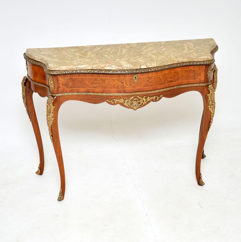 Antique French Marble Top Inlaid Walnut Console Table For Sale at 1stDibs