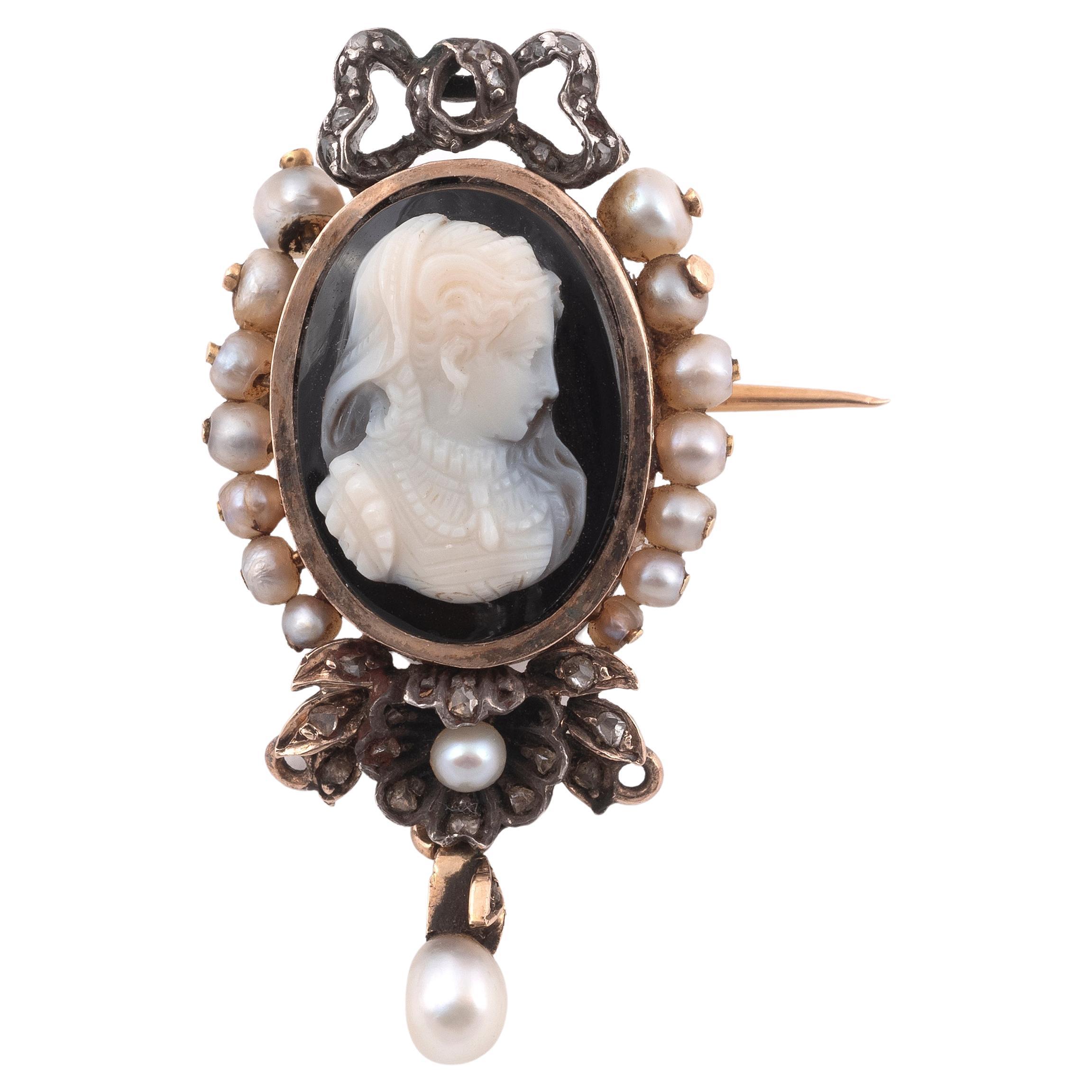 Vintage Diamond and Natural Pearl Brooch For Sale at 1stDibs