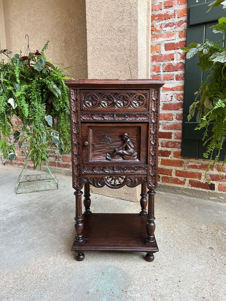 Antique French Nightstand End Table Brittany Breton Marble Carved Oak ...