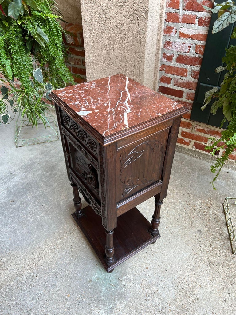 Antique French Nightstand End Table Brittany Breton Marble Carved Oak ...