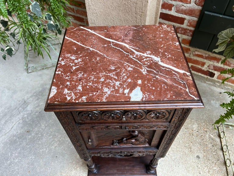 Antique French Nightstand End Table Brittany Breton Marble Carved Oak ...