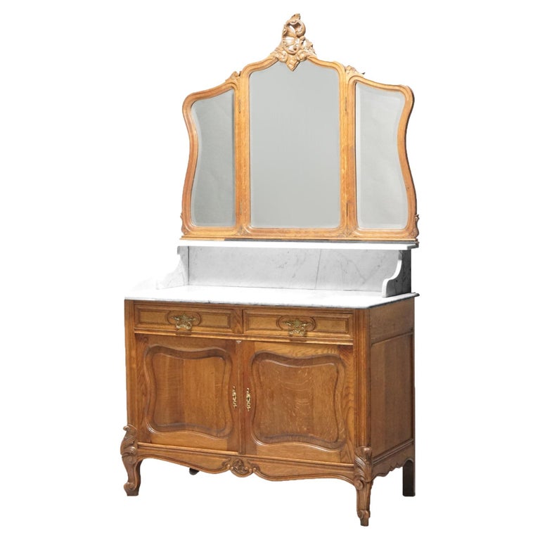 Antique French Oak and Marble Dressing Table with Tri-Fold Mirror ...