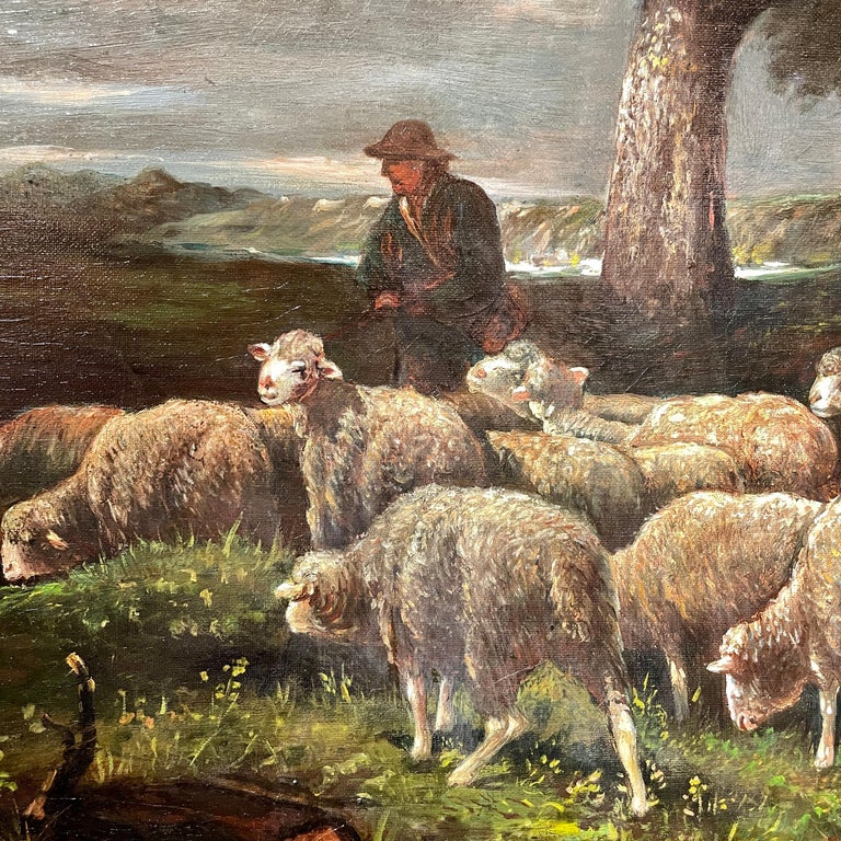 Antique French Oil on Canvas Pastoral Painting by Charles-Émile Jacque ...