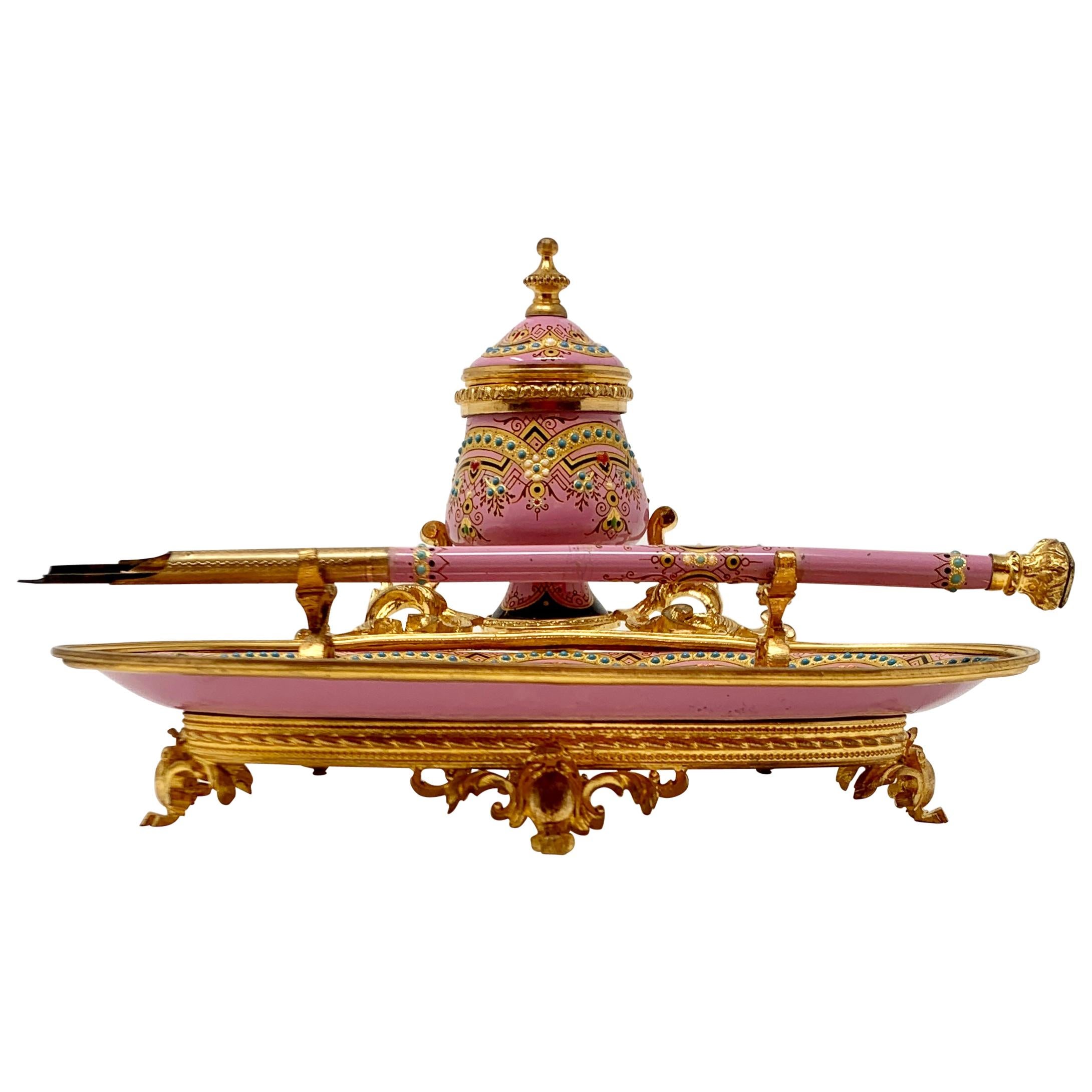 Rare French Five-Piece Ormolu Bronze and Pink Enamel Vanity Set Dresser ...