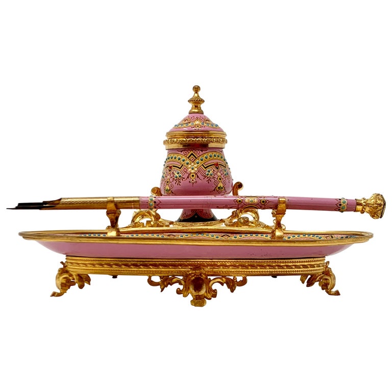 Antique French Ormolu and "DuBarry Rose" Pink Jeweled-Enamel Inkwell ...