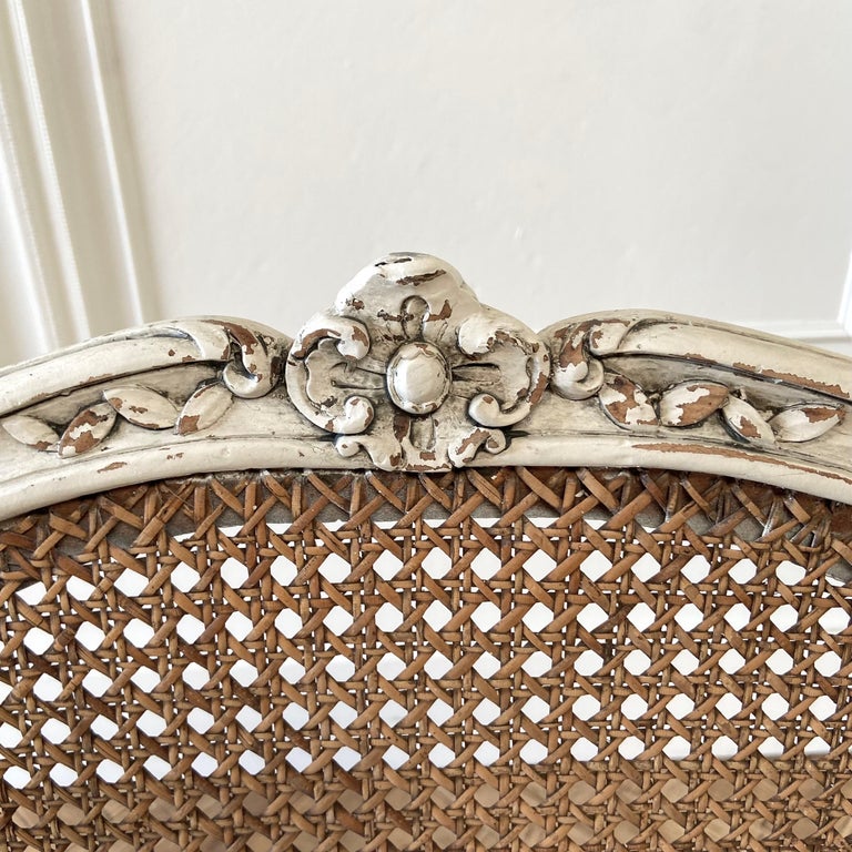Antique French Painted Cane Back Dining Chairs with Linen Upholstery ...