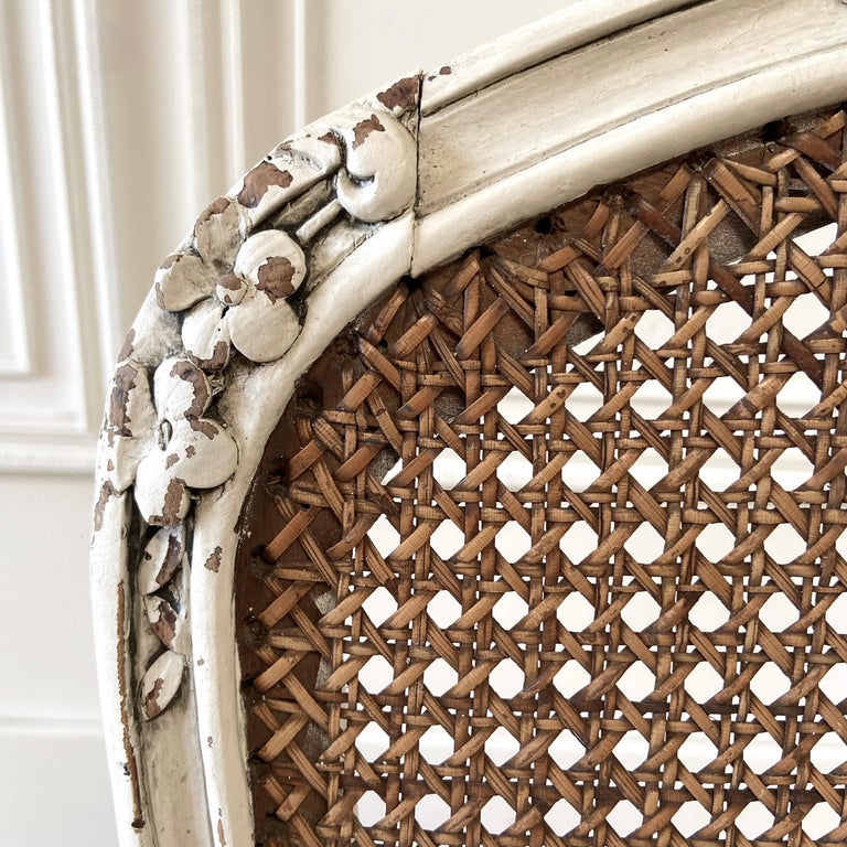 Antique French Painted Cane Back Dining Chairs with Linen Upholstery ...