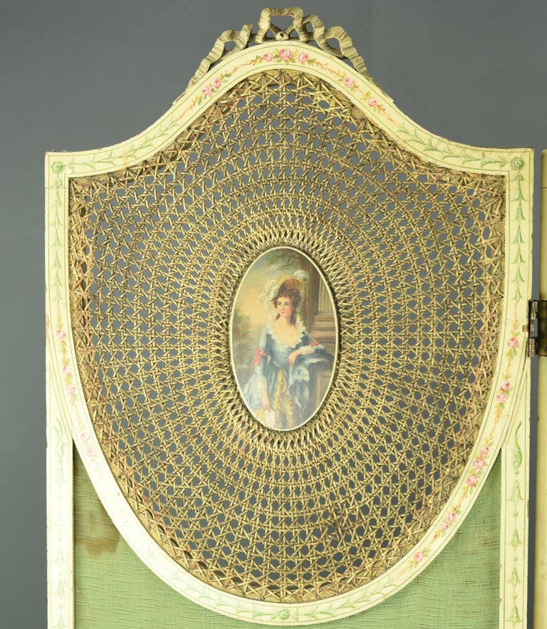 Antique French Painted Three Fold Boudoir Screen For Sale at 1stDibs