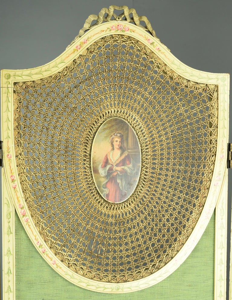 Antique French Painted Three Fold Boudoir Screen For Sale at 1stDibs