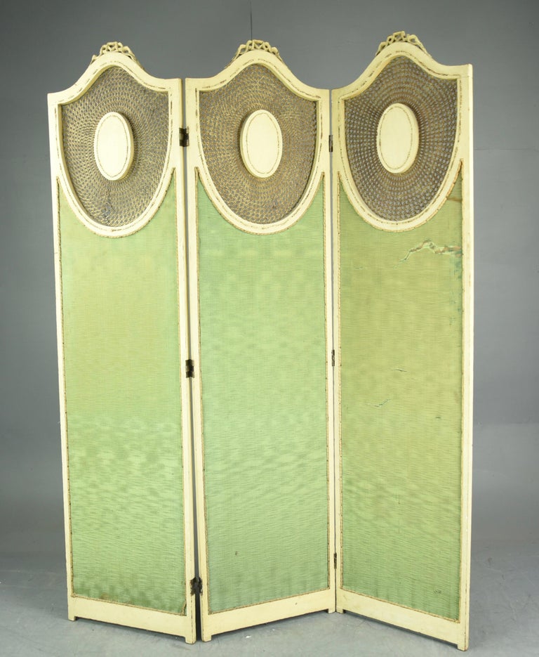 Antique French Painted Three Fold Boudoir Screen For Sale at 1stDibs