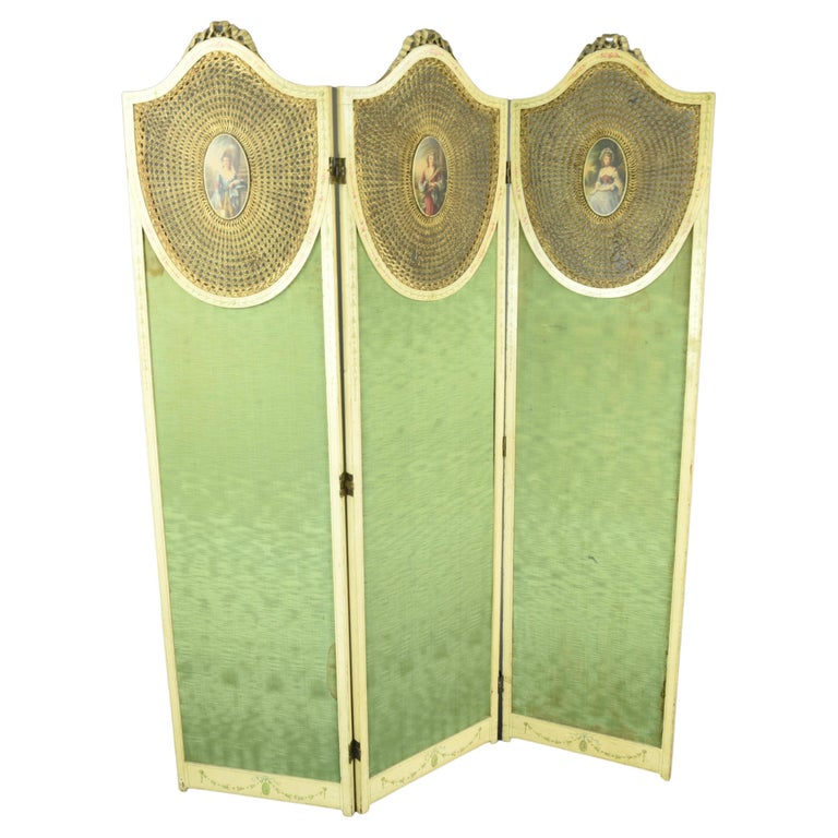 Antique French Painted Three Fold Boudoir Screen For Sale at 1stDibs