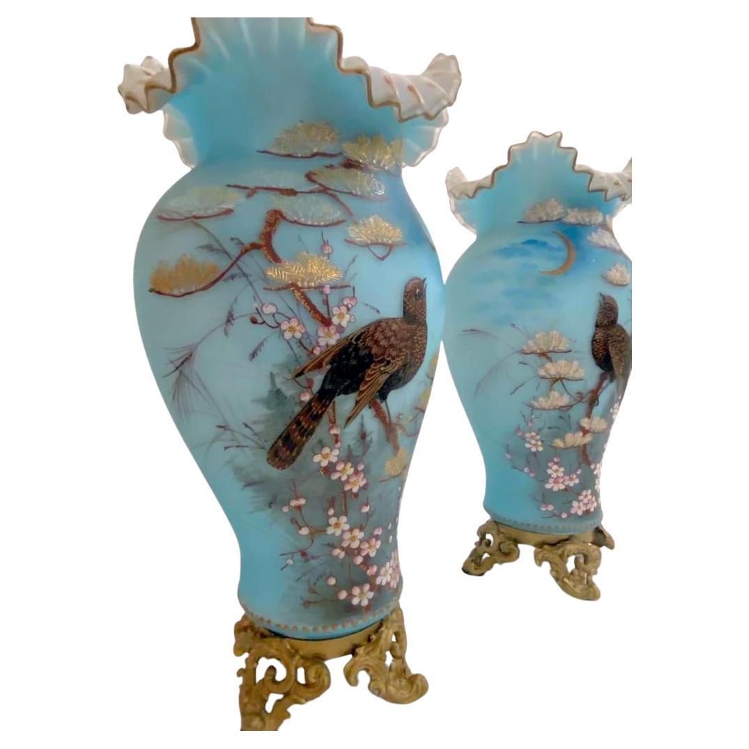 Antique French Pair of Turquoise Opaline Vases For Sale at 1stDibs