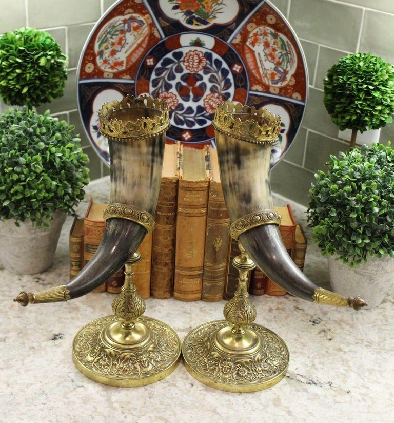 Antique French Pair Trophy Drinking Horns Hunt Epergne Renaissance ...