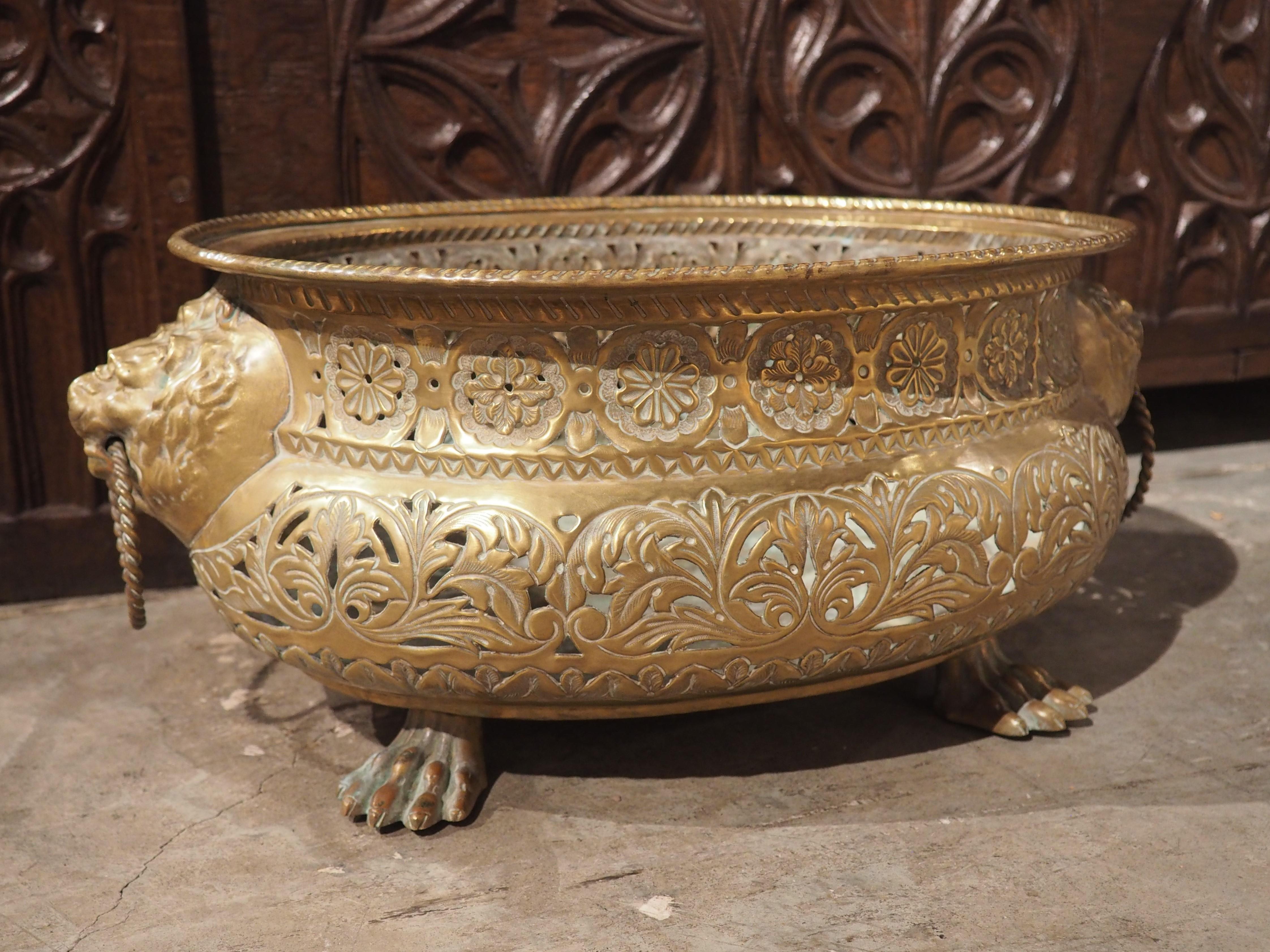 Antique French Pierced and Repousse Brass Jardiniere, C. 1850 at 1stDibs