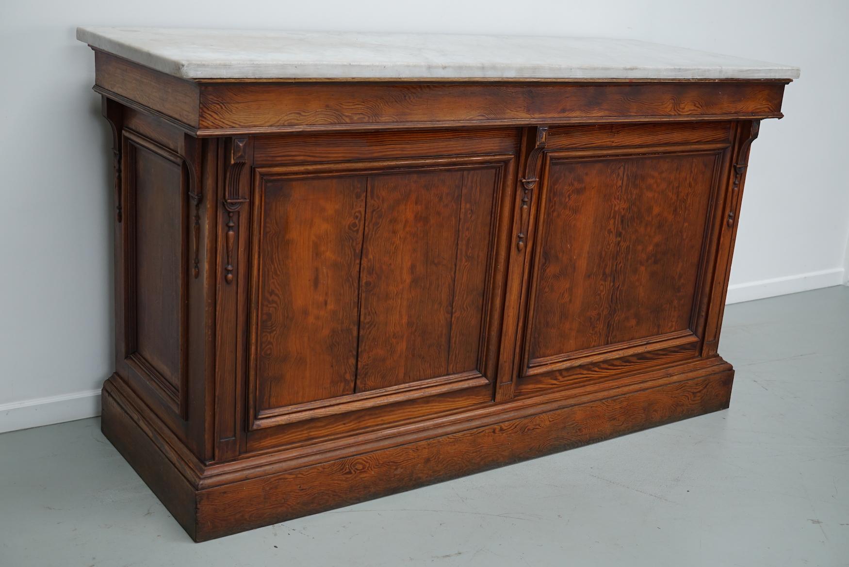Antique French Pitch Pine and Marble Shop Counter Cabinet / Kitchen ...