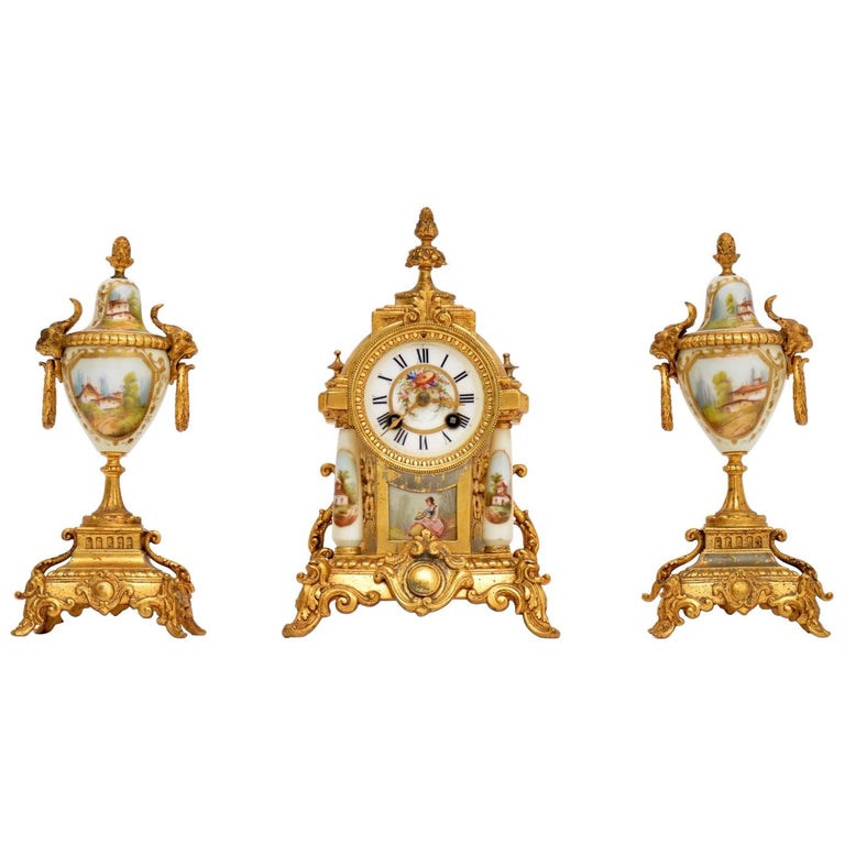 Antique French Porcelain and Gilt Mantel Clock Set at 1stDibs | antique ...