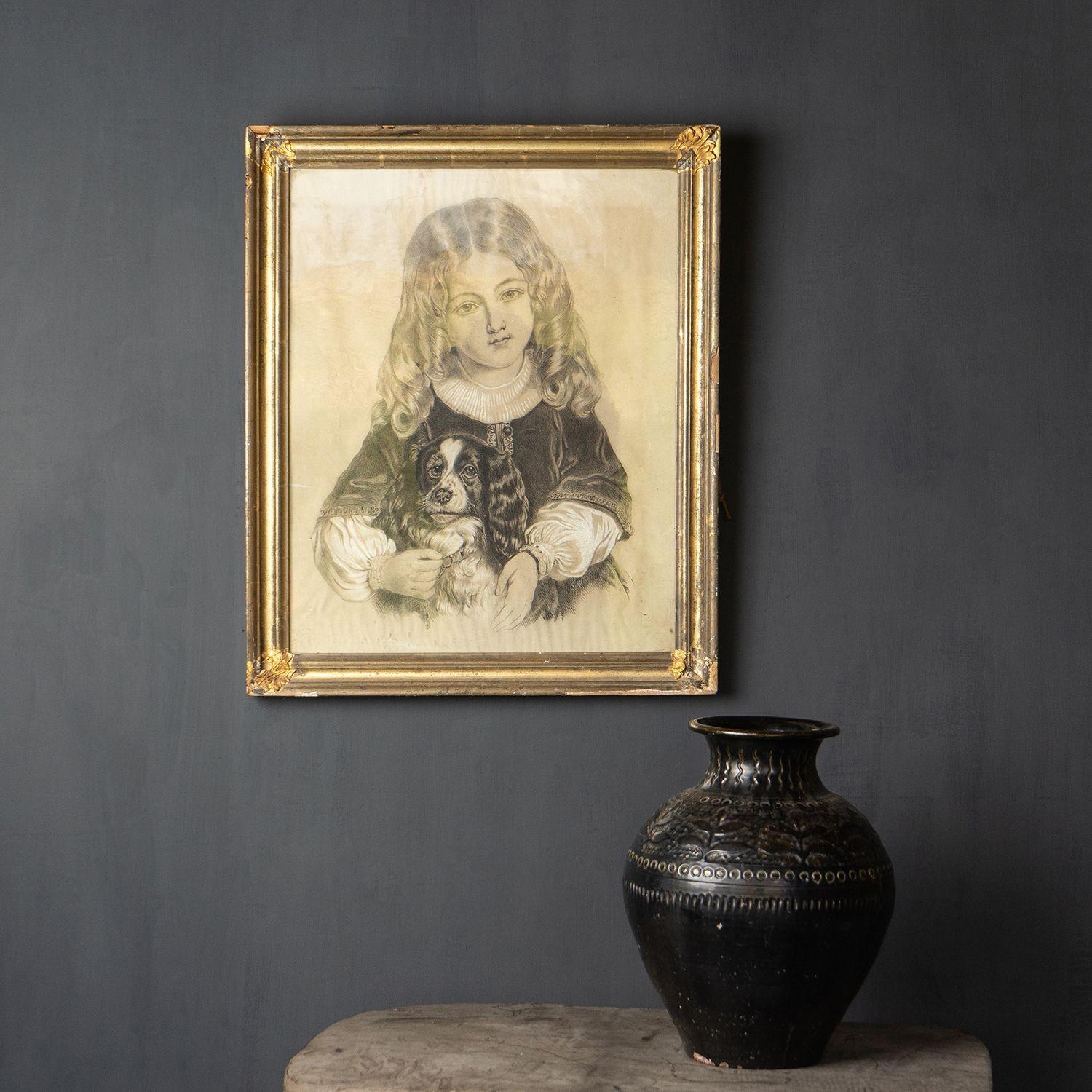 Antique French Original Portrait Drawing of a Girl and a Spaniel, 19th ...