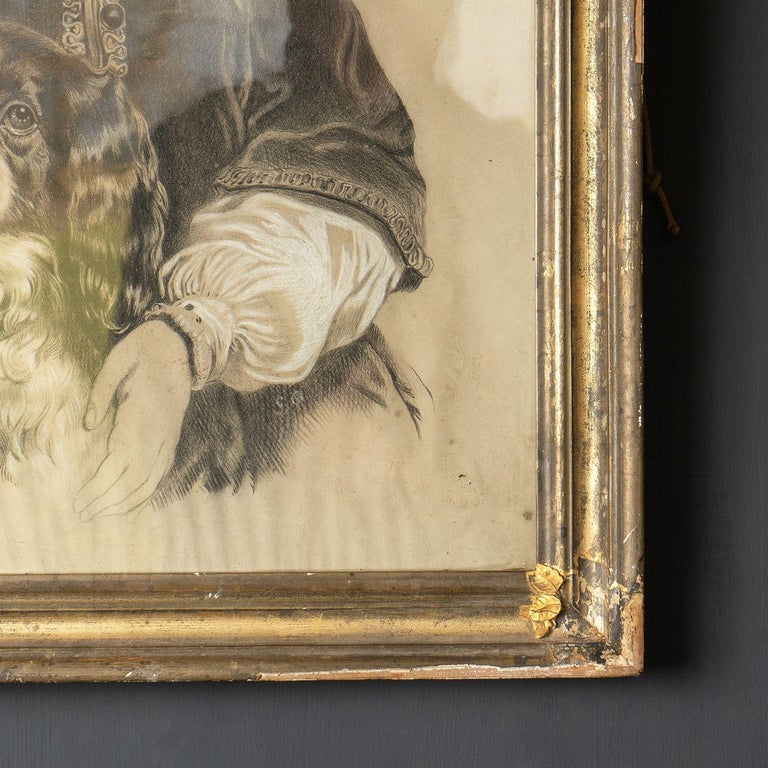 Antique French Portrait Drawing of a Girl and a Spaniel, 19th Century ...