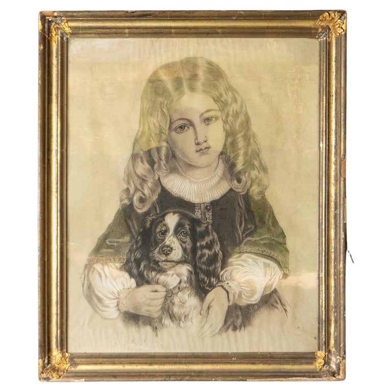 Antique French Portrait Drawing of a Girl and a Spaniel, 19th Century ...