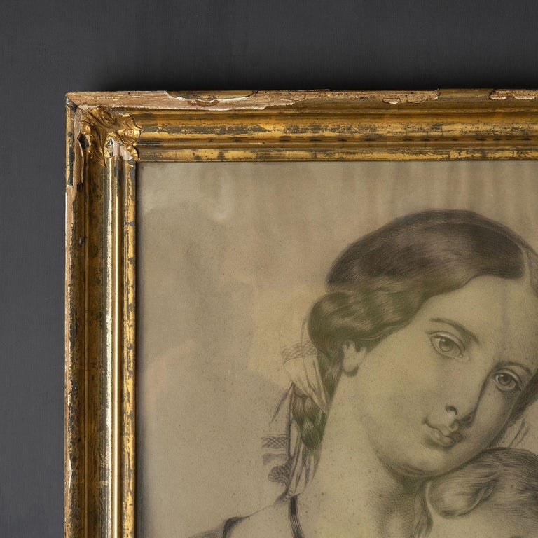 Antique French Portrait Drawing of a Mother and Child, 19th Century For ...