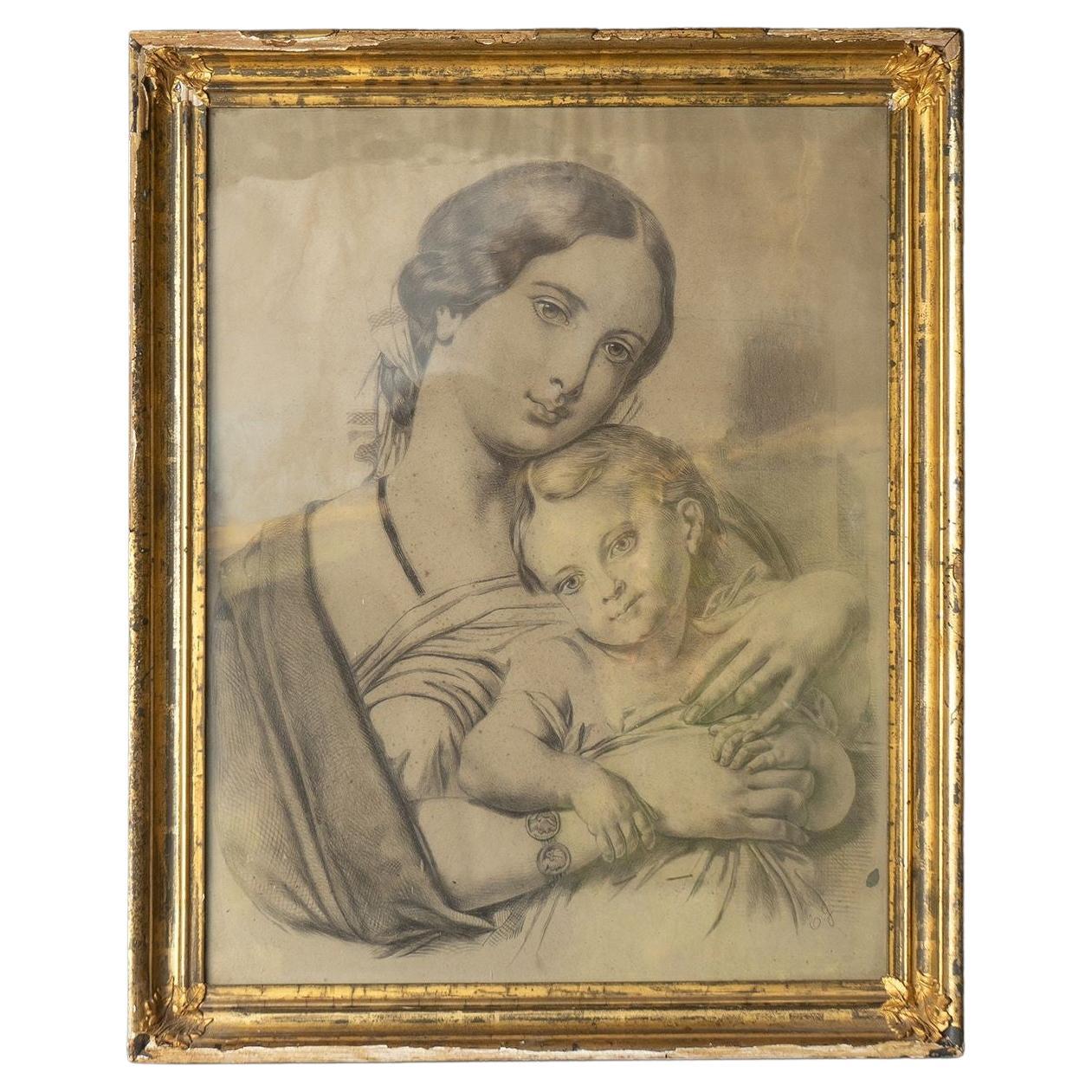 Antique French Portrait Drawing of a Girl and a Spaniel, 19th Century ...