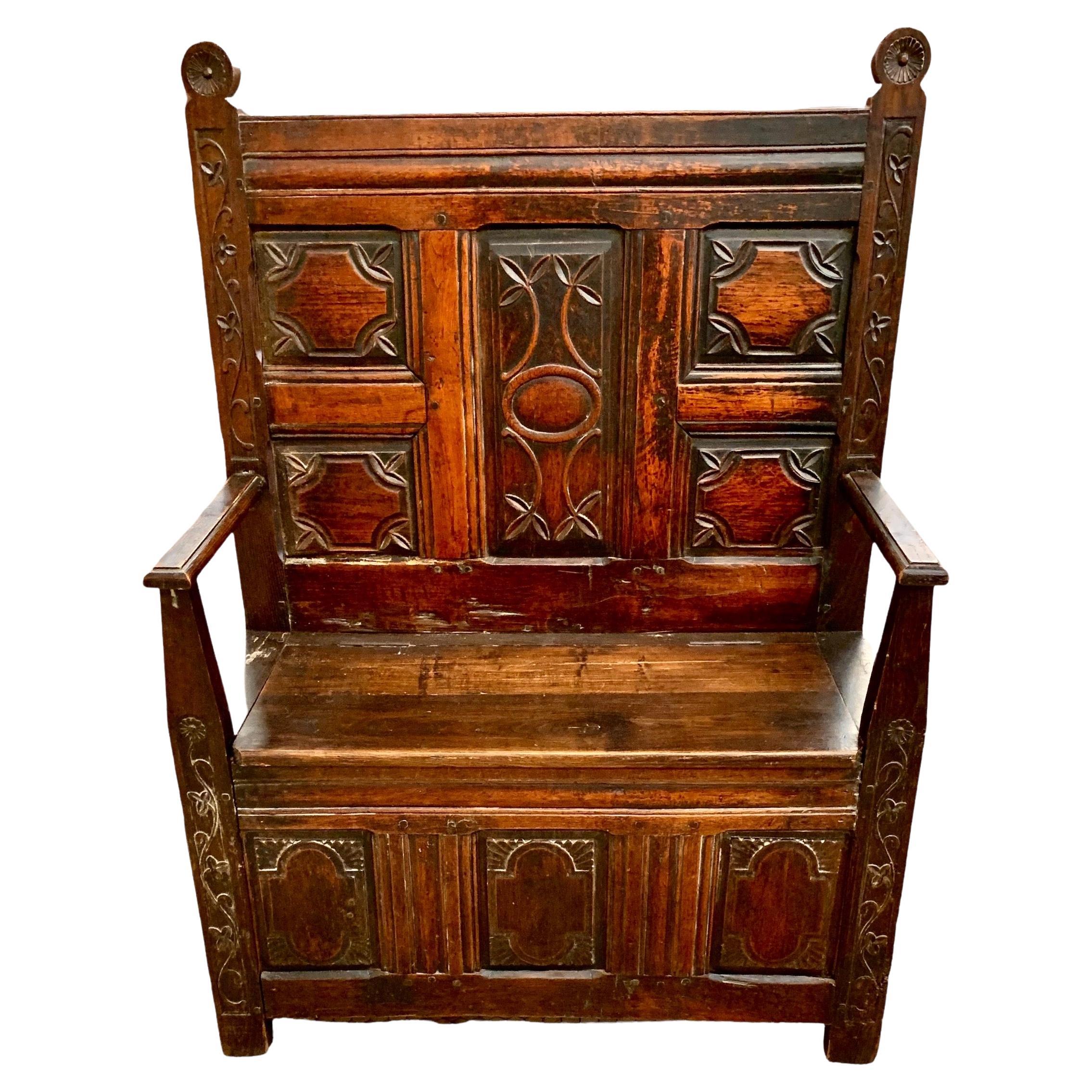 Antique French Provincial Carved Oak Bench with Paneled High Back and ...