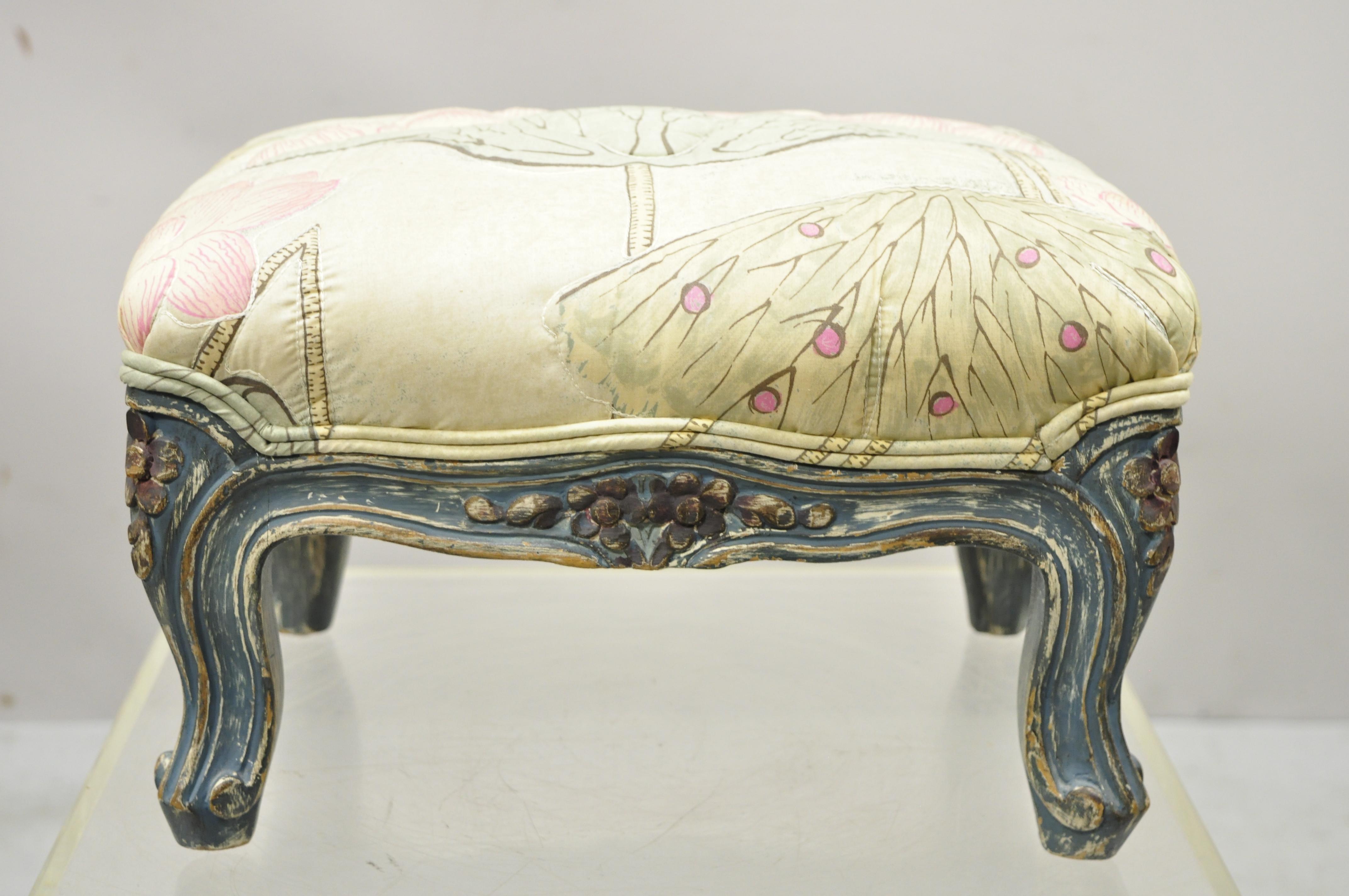 Antique French Provincial Louis XV Ottoman Distress Blue Painted Small ...