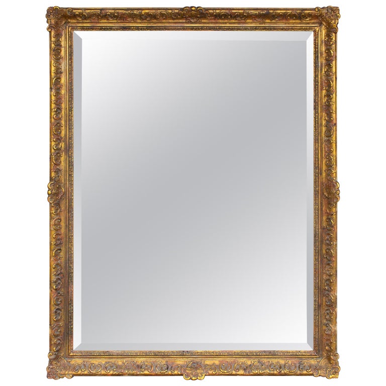 Antique French Rectangular Floral and Gilt Frame Mirror with Beveled Glass Detail at 1stDibs