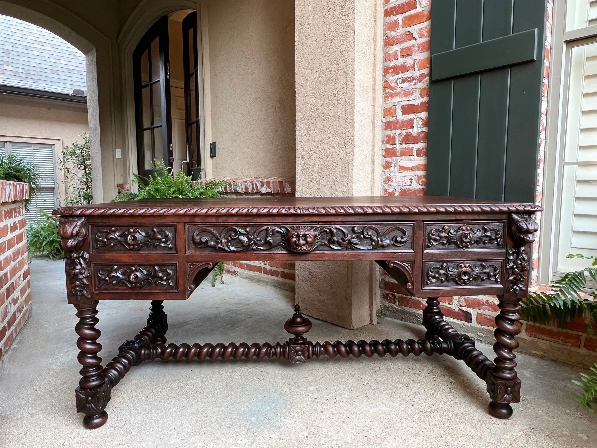 Antique French Renaissance Desk Carved Oak Barley Twist Office Library ...