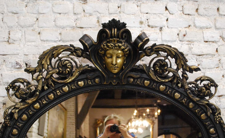 Antique French Renaissance Style Black and Gold Mirror with Carved ...