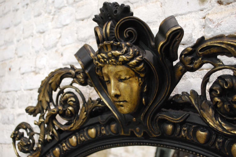 Antique French Renaissance Style Black and Gold Mirror with Carved ...