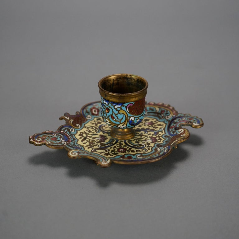 Antique French Rococo Bronze and Enameled Champleve Scroll Form Inkwell ...