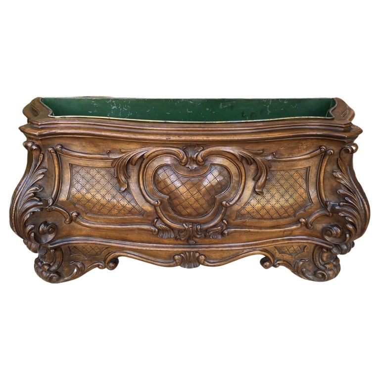 Antique French Rococo Planter Flower Box Oak Lattice Acanthus Tin Liner ...