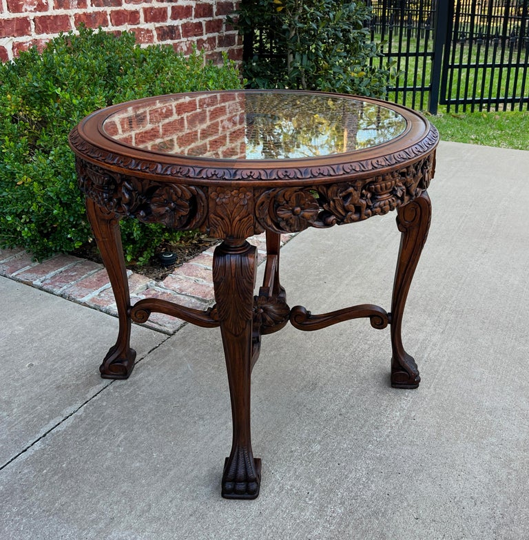 Antique French Round End Table Occasional Bed Table Caned Glass Top ...