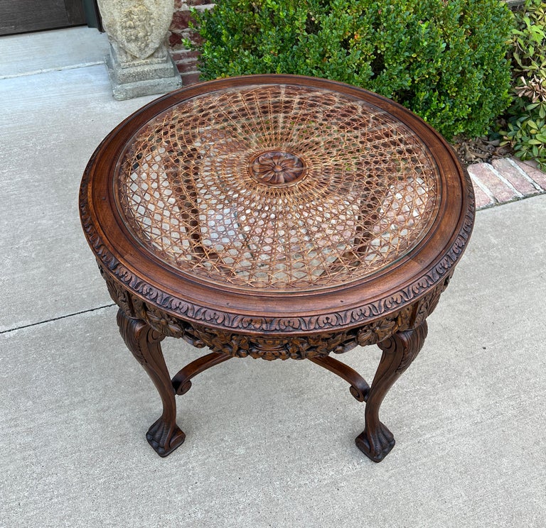 Antique French Round End Table Occasional Bed Table Caned Glass Top ...