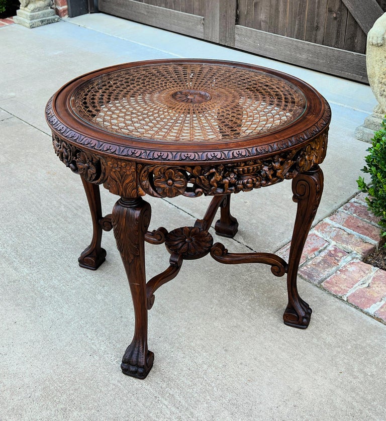 Antique French Round End Table Occasional Bed Table Caned Glass Top ...