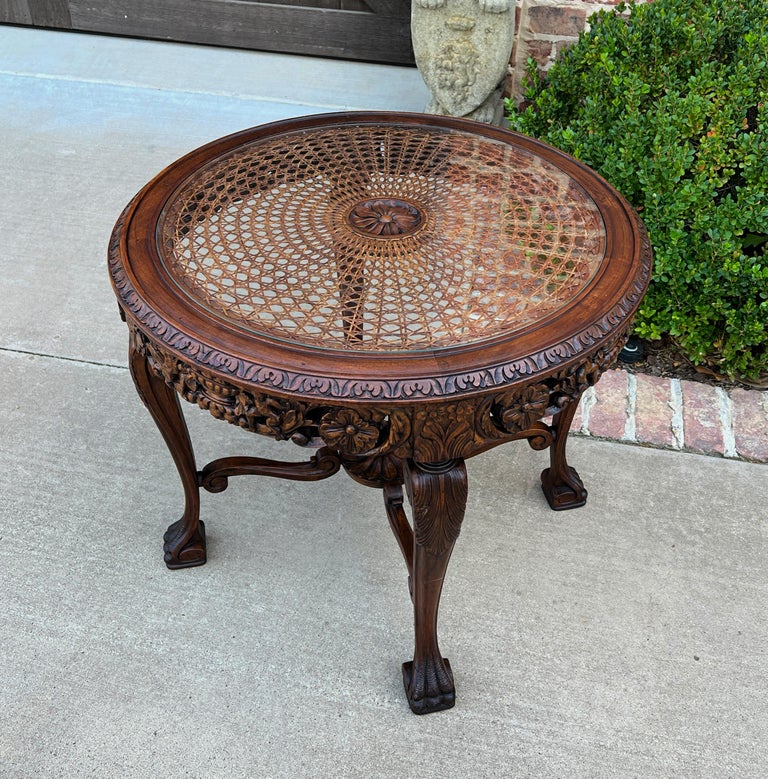Antique French Round End Table Occasional Bed Table Caned Glass Top ...