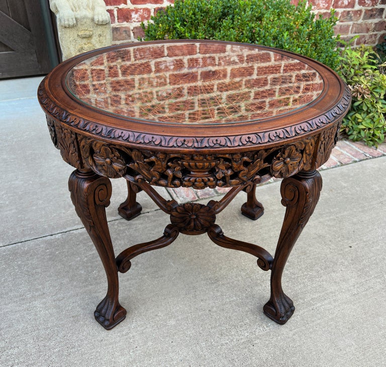Antique French Round End Table Occasional Bed Table Caned Glass Top ...