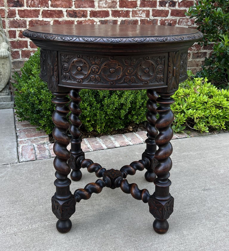 Antique French Round Side End Table Barley Twist Carved Oak Renaissance ...